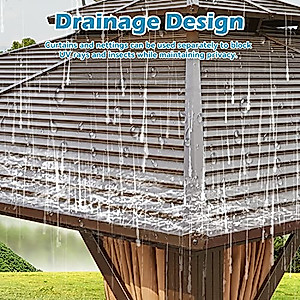 GAZEBEST 10' X 13' Permanent Hardtop Gazebo, Outdoor Galvanized Steel Double Roof with Horizontal Stripes Pavilion Pergola Canopy with Aluminum Frame and Privacy Curtains for Patio, Garden