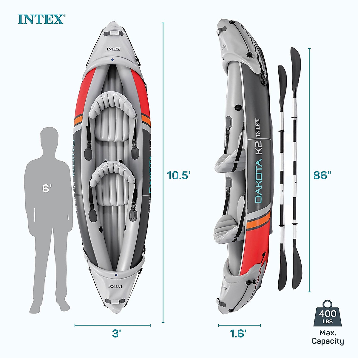 Intex Dakota K2 2 Person Inflatable Vinyl Kayak and Accessory Kit with 86 Inch Oars, Air Pump, and Carry Bag for Lakes and Rivers, Gray and Red