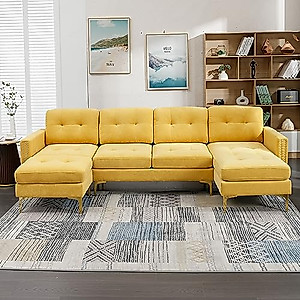 UBGO 110" Large Sofa,Living Room Furniture Sets,U/L-Shape Sectional Chaise Lounge and Convertible Ottoman,Velvet Couches for Apartment,Office (Yellow)