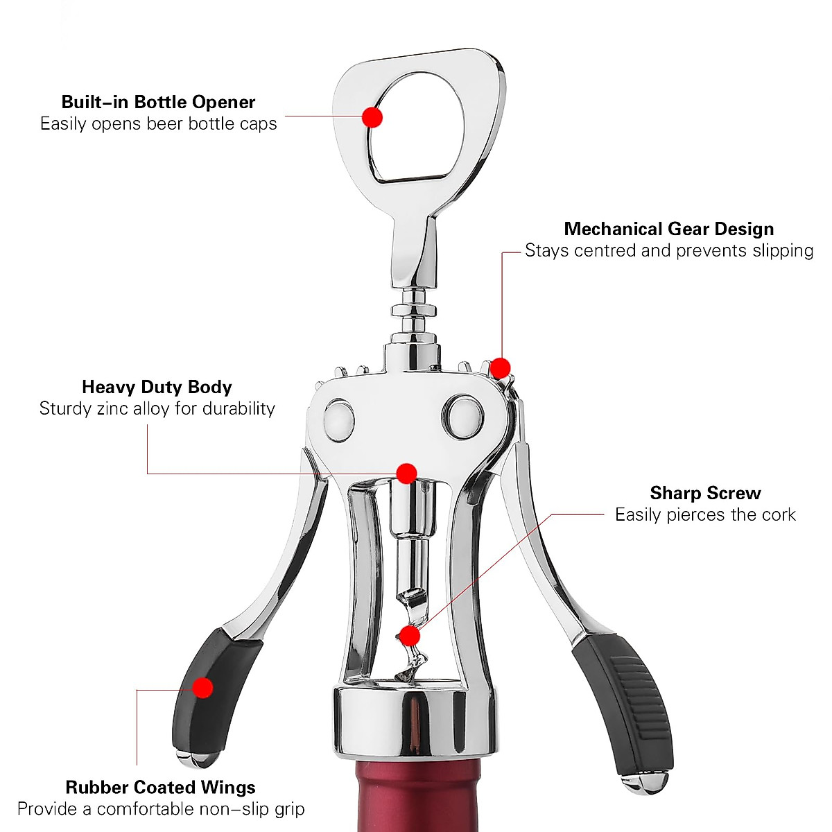 WOTOR Corkscrew Wine Opener, Zinc Alloy Wine Bottle Opener, Manual Multifunctional Wing Corkscrew for Waiters, Heavy Duty Wine Cork Remover, Silver