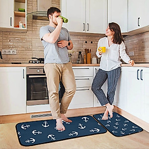 BOENLE Kitchen Rugs and Mats Non Skid Washable Kitchen Rug Set 2 Piece Blue Anchor Carpet Ergonomic Comfort Standing Mat for Kitchen,Bathroom, Laundry