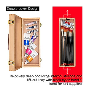 MEEDEN Medium Art Supply Storage Box - Multi-Function Solid Beech Wooden Chest/Art Tool Box with Lift Out Trays for Paint Brush, Pencil, Pastel, and More Art Supplies 14-1/5"W × 5-1/8"D × 4-1/3"H