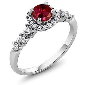 Gem Stone King 925 Sterling Silver Red Created Ruby and White Created Sapphire Engagement Ring For Women (1.02 Cttw, Round 5MM, Available 5,6,7,8,9) (Size 8)