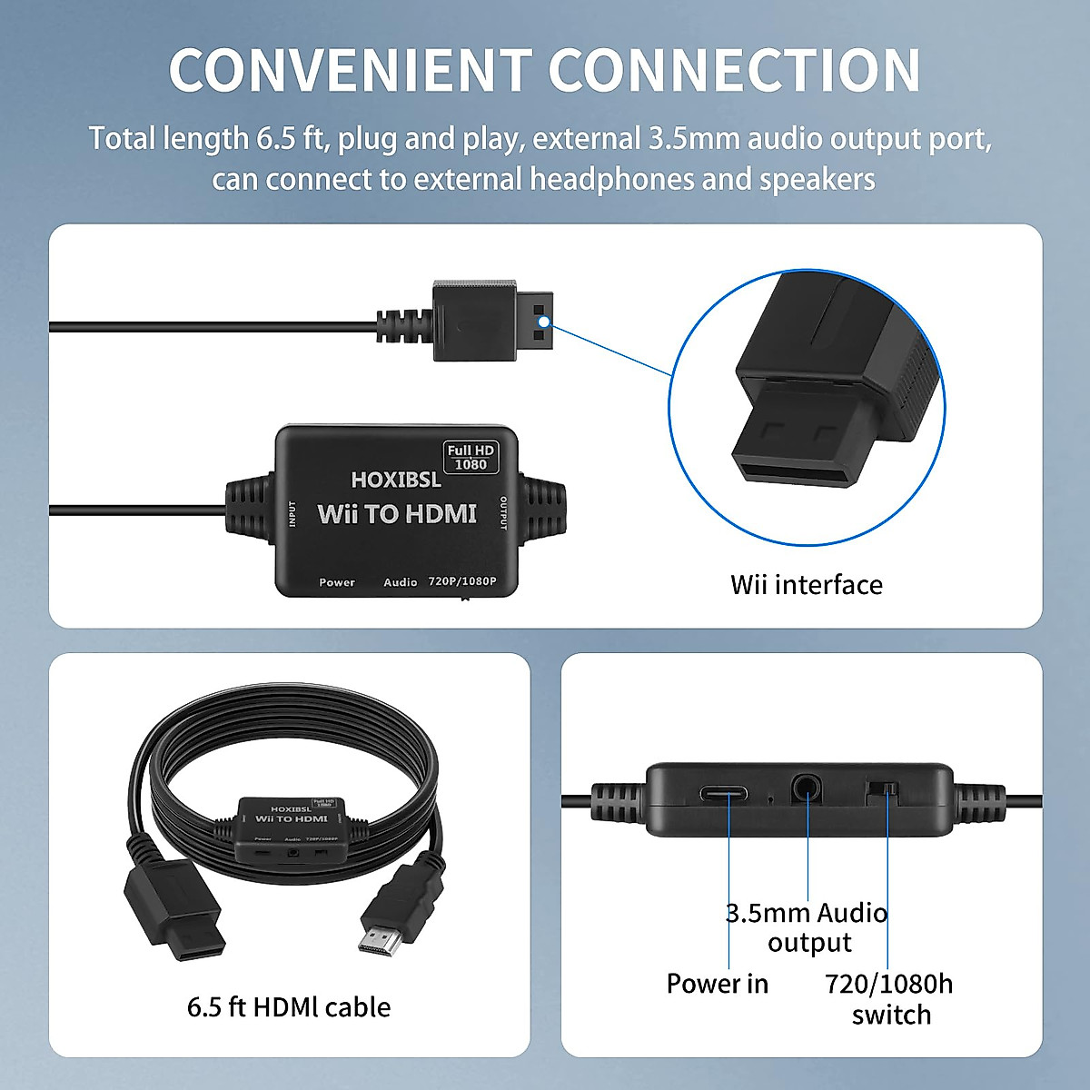 HOXIBSL Wii to HDMI Converter Cable Adapter,720P/1080P Switch,with 3.5mm Audio Jack,Improve Image Quality and Resolution,Supports All Display Modes,Compatible with Wii,U,HDTV, Monitor （6.56FT）