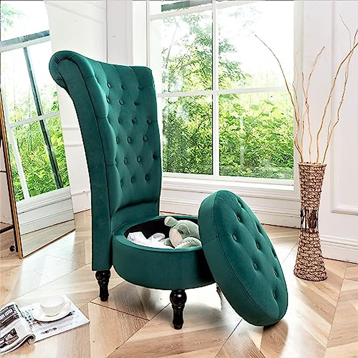 Container Furniture Direct Royal High-Back Velvet Accent Chair for Vanity with Storage and Luxurious Upholstery, Retro Design and Versatile Usage for Living Room, Bedroom, Lounge and Office, Green