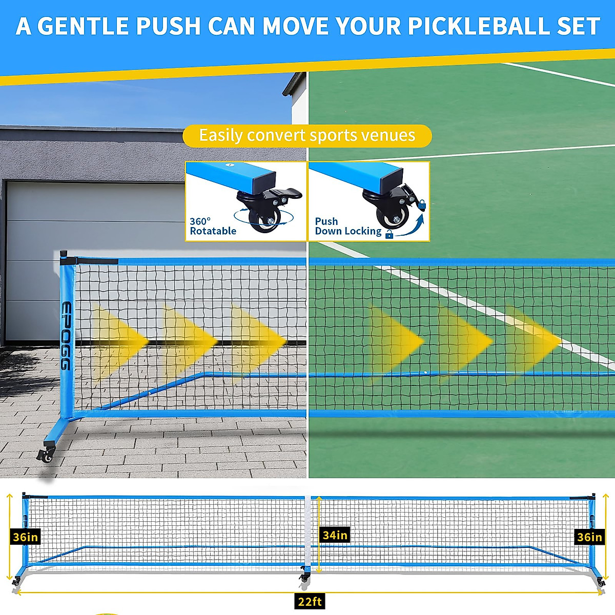 Hamino Pickleball Set with Net Wheels, 22 FT Regulation Size Pickleball Net Set with Steady Metal Frame Base/Sturdy PE Net/600D Carrying Bag, Portable Outdoor Driveway Home Backyard Fun for All Ages
