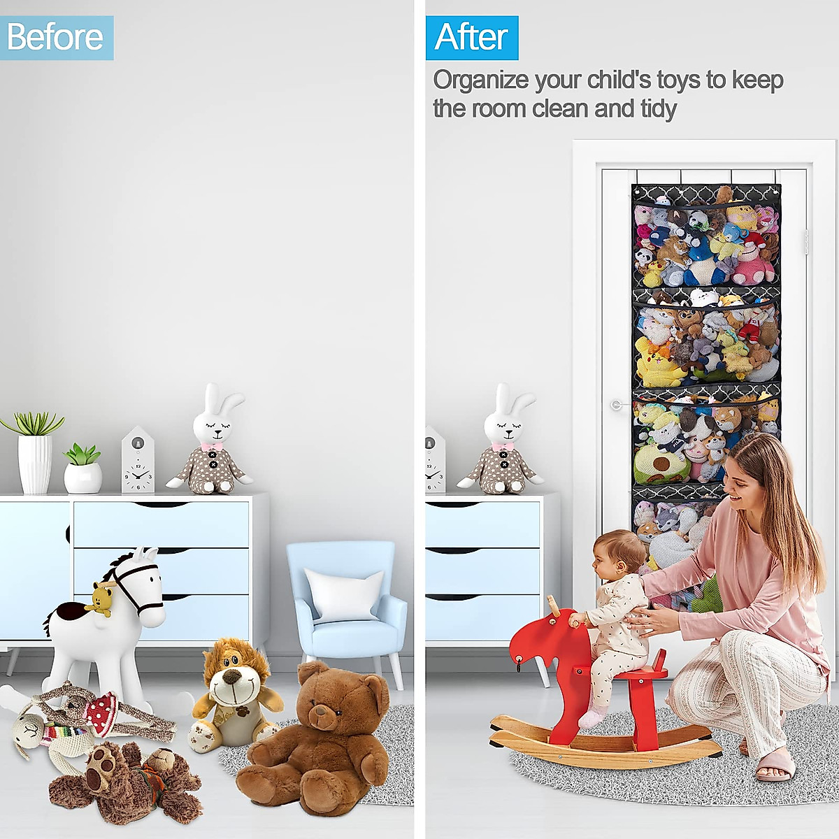 Stuffed Animal Storage, Over The Door Organizer Storage for Closet, Baby, Plush Toy, Stuffed Animal Holder with 4 Large Pockets, Hanging Door Organizer for Nursery, Bedroom, Bathroom, Kids Room