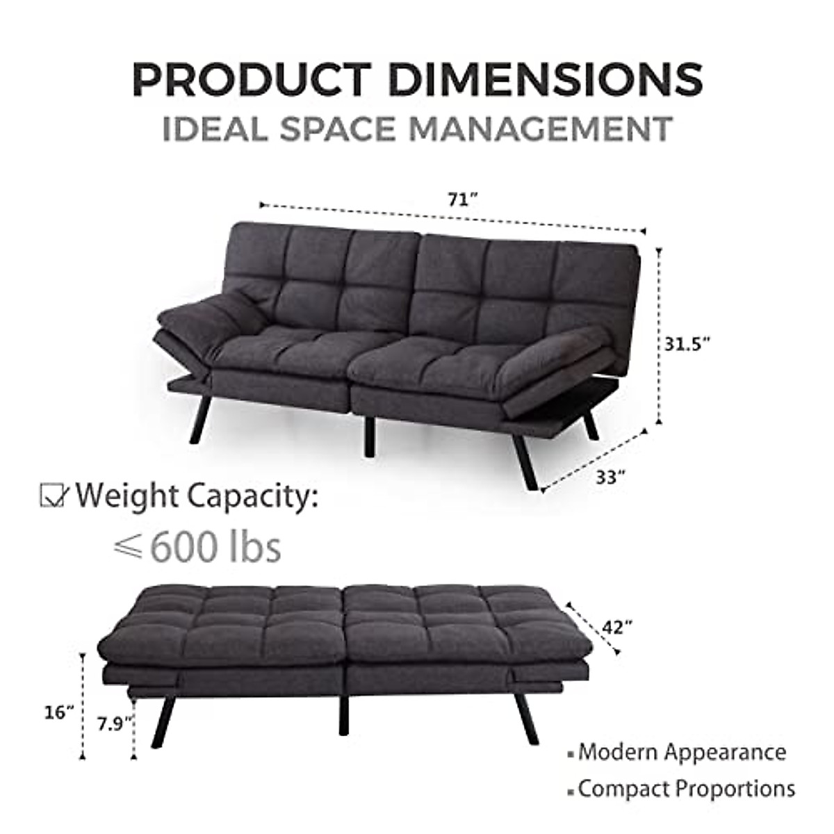 Futon Sofa Bed, Lounge Memory Foam Sleeper Couch, Foldable Couch Convertible Loveseat Sleeper Daybed with Adjustable Armrests for Modern Loveseat for Office, Apartment, Compact Living Room (Grey)