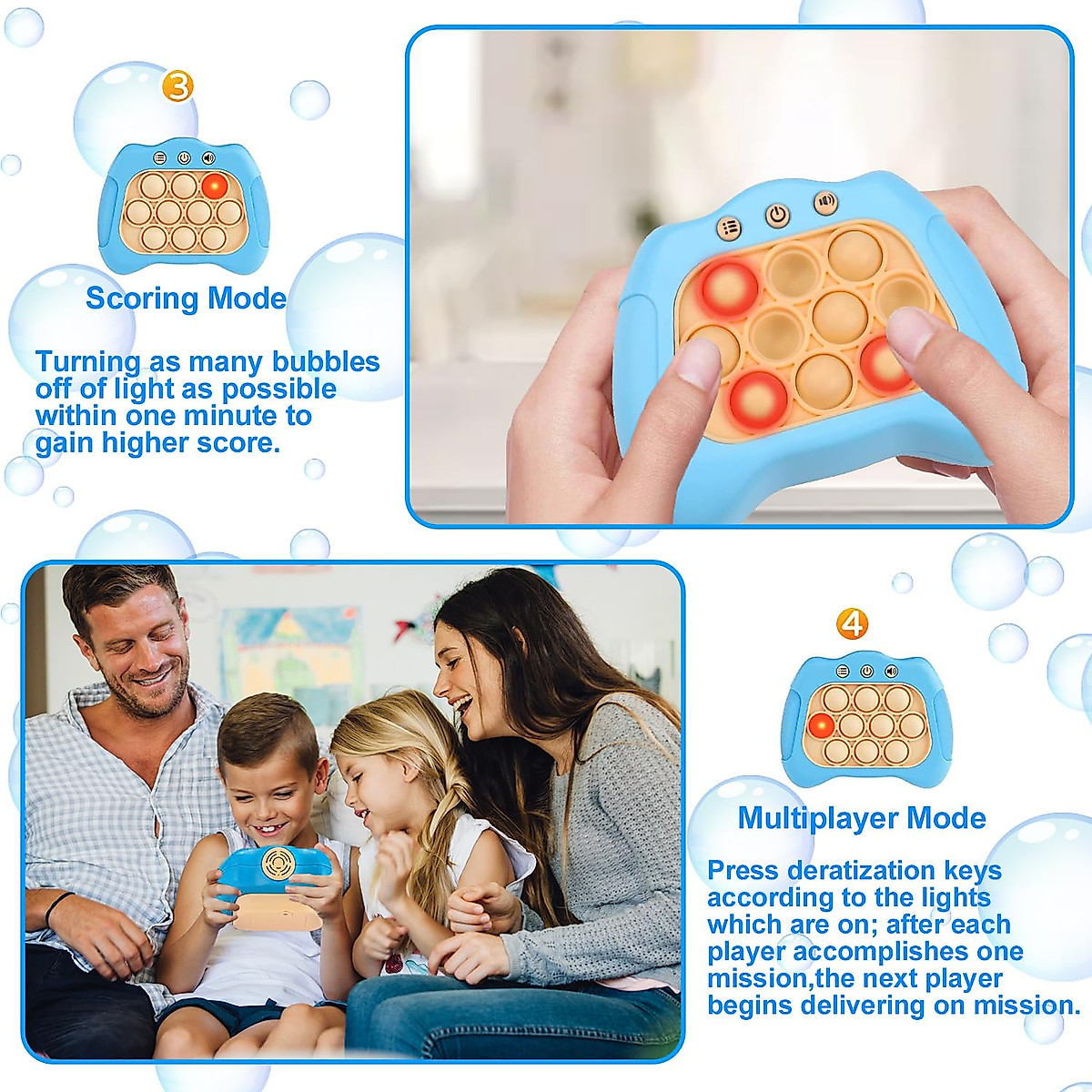 AICARGER Quick Push Puzzle Game Machine Pop Fidget Light-Up Squeeze Poppet Sensory Toy Educational Push Pop Bubble Toy Stress Relief Party Favors Puzzle Game for Kids Teens Adults (Light Blue)