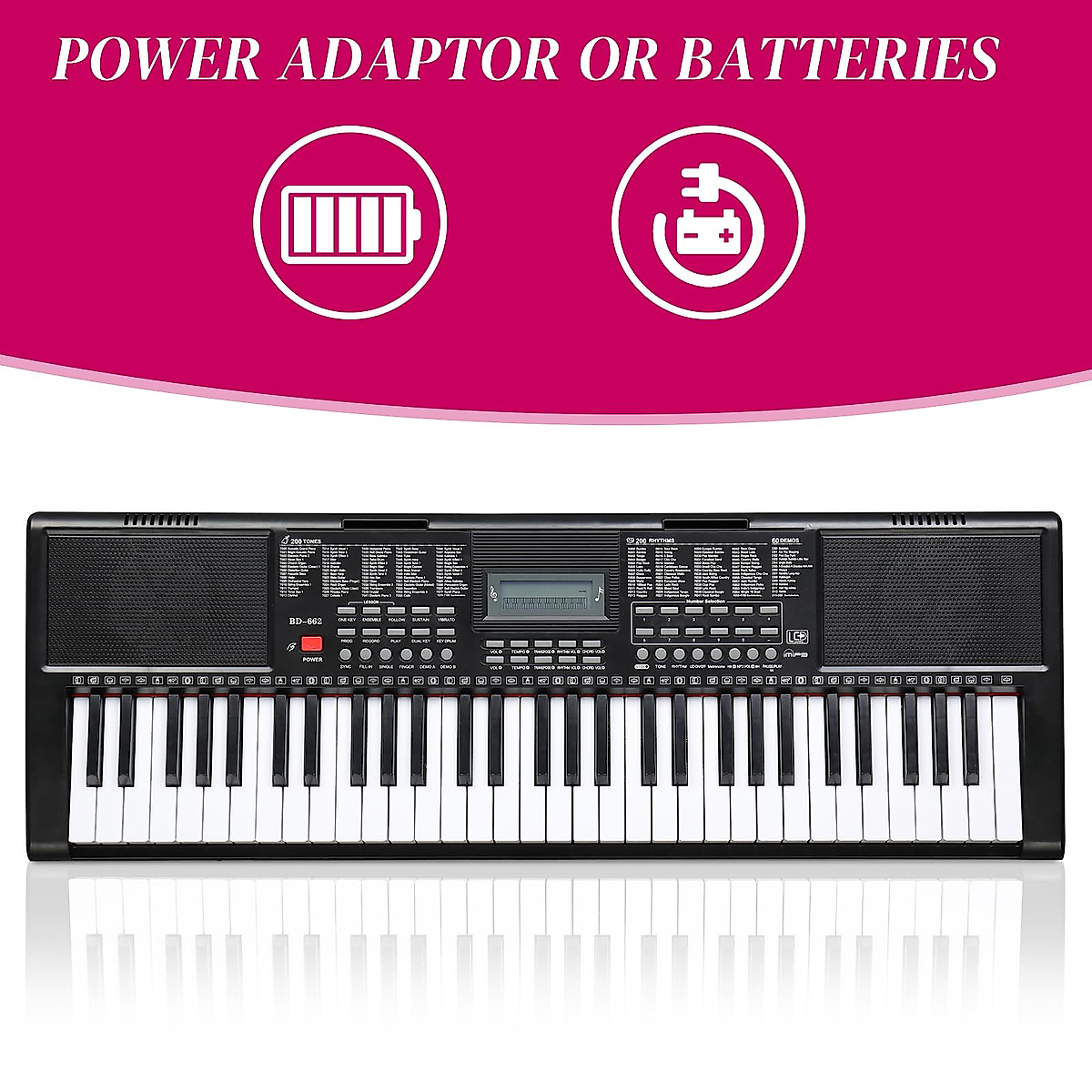GLARRY 61-Key Portable Electronic Piano Keyboard for Beginner w/Lighted Keys, LCD Screen, Microphone, Headphones, 3 Teaching Modes, Built-In Speakers
