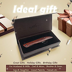 ALBATROSS EDC Thin VG10 Damascus Camping Folding Pocket Knife; 3.5" Damascus Blade, 4.5" Yellow Sandalwood Handle,Gifts Box/Collections (HGDK025)