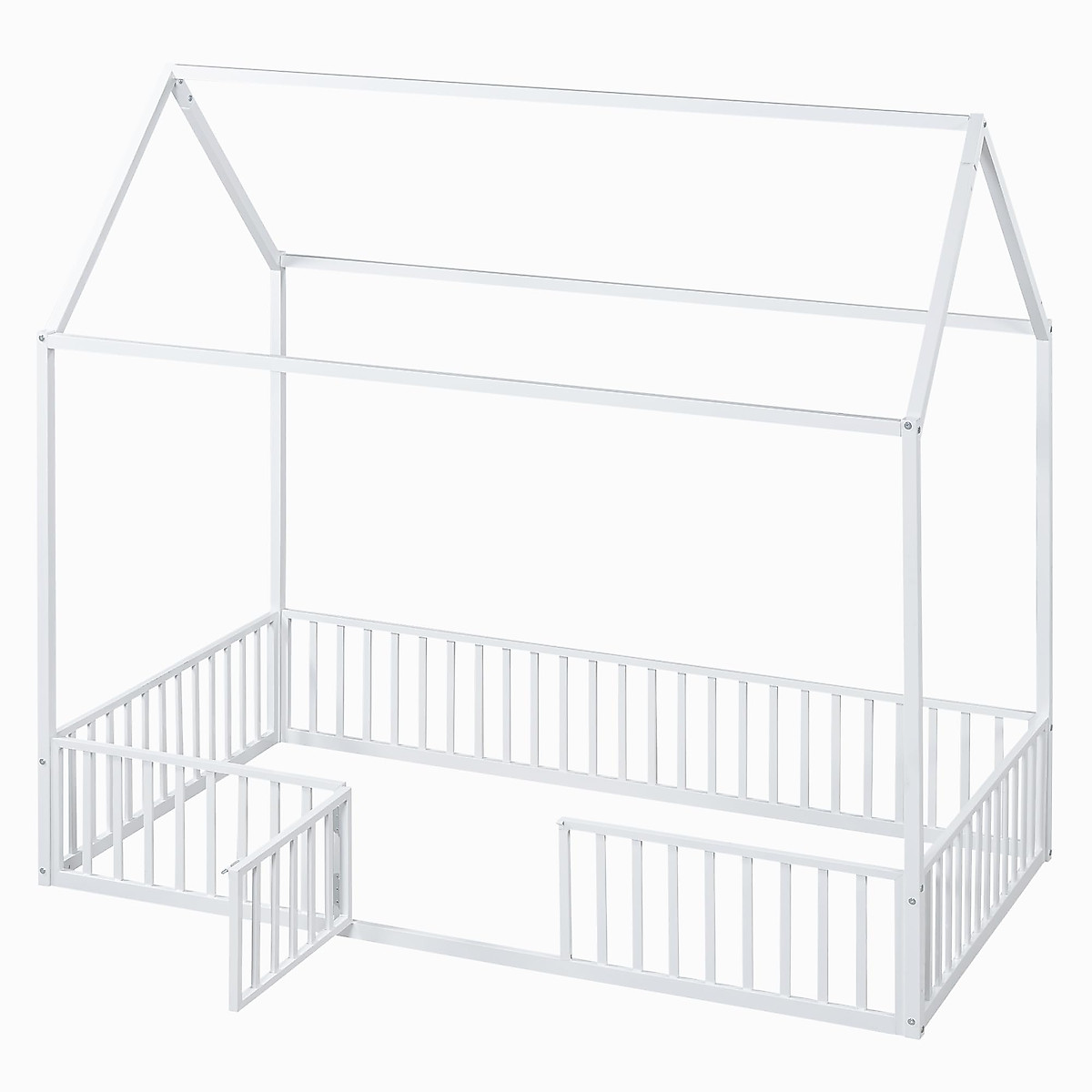 Merax Twin Size Montessori Floor Bed, Metal House Bed Frame with Roof for Kids, Teens, Girls, and Boys, No Box Spring Needed, White