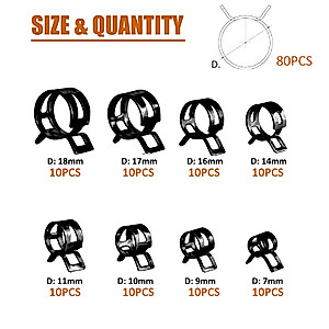 ISPINNER 80pcs Spring Band Type Fuel/Silicone Vacuum Hose Pipe Clamp, 7mm-18mm Low Pressure Air Clip Clamp 7mm 9mm 10mm 11mm 14mm 16mm 17mm 18mm (Black)