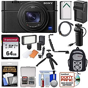 Sony Cyber-Shot DSC-RX100 VI 4K Wi-Fi Digital Camera with VCT-SGR1 Shooting Grip/Tripod + 64GB + Battery & Charger + LED Light + Backpack Kit