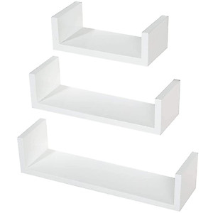 KF-Premium Set of 3 White U Shaped Floating Wooden Book Shelves - Wall Mounting Shelf Storage Display Book Unit for Bedroom Office Kitchen, Creative Self Hanging Display Bookcase