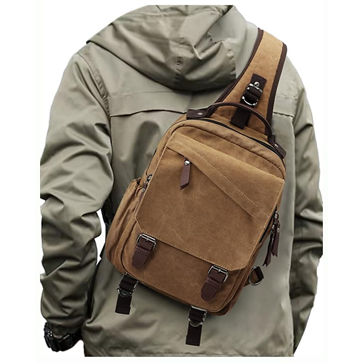 Messenger Bag for Men Small Sling Crossbody Backpack for Men Women Canvas Strap Backpack for Working Hiking Cycling Travel, Khaki