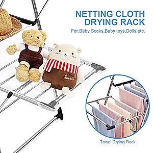 TOOLF Clothes Drying Rack with High Hanger, Foldable 2-Level Drying Racks for Laundry, Laundry Stand with Height-Adjustable Gullwings