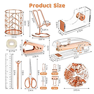 Aibocn Rose Gold Desk Accessories, Office Supplies, Acrylic Stapler, Staple Remover, Tape Holder, Pen 1000pcs Staples, Diamond Pen, Phone Scissors, Binder Clips, Ruler,Transparent Glue