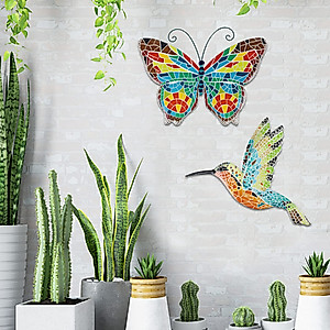 Adroiteet 16 Inch Large Wall Decor, Set of 2 Butterfly Hummingbird Metal Wall Art, Bird Wall Sculpture Hanging Decorations, Perfect for Garden Yard Fence Home Kitchen Bedroom Outdoor Indoor