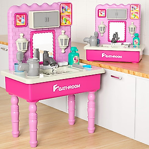 Lucky Doug Pretend Play Sink Toys for Kids, Bathroom Sink Toy with Running Water, Girls Vanity with Mirror and Stool for Kids Ages 3 4 5 6 7 Year olds