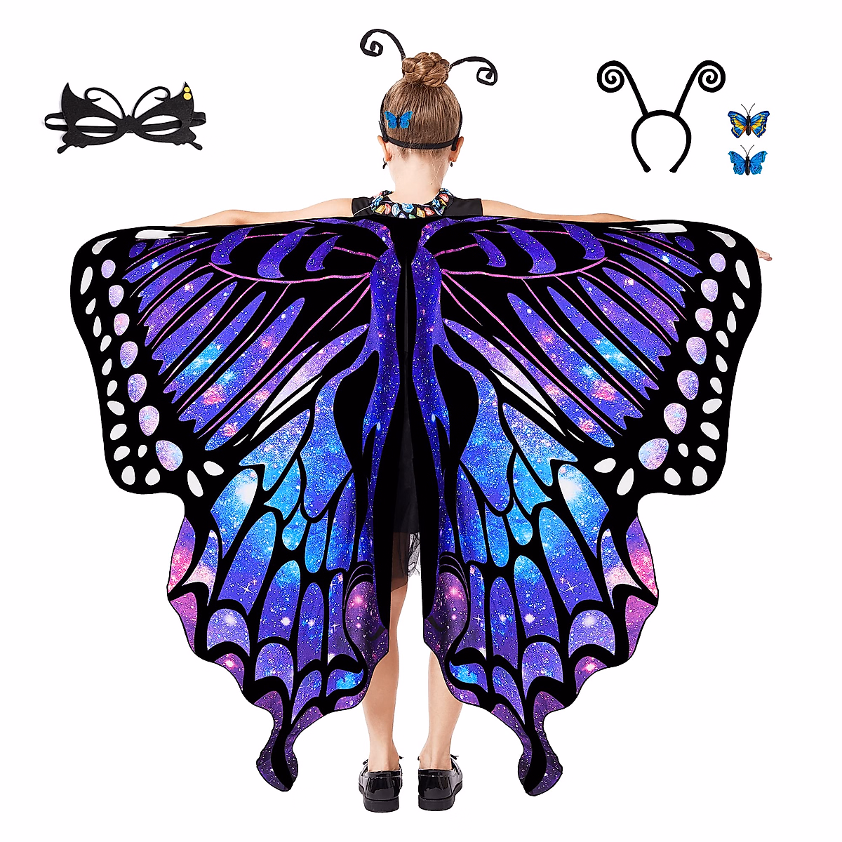Tibeha Halloween Butterfly Costume for Girls - Double-Sided Printing Wings Kids Cape with Mask, Antenna Headband, Hair Clips