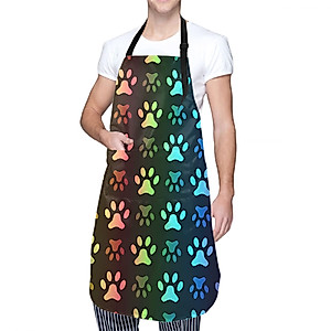 Dogs Paw Apron Colorful Pet Paws Durable Aprons Funny Dog Footprint Oil-proof Bib with 2 Pockets Cute Animal Colored Foot Print Waterproof Polyester Cooking Grooming Bibs for Woman Man 33x28