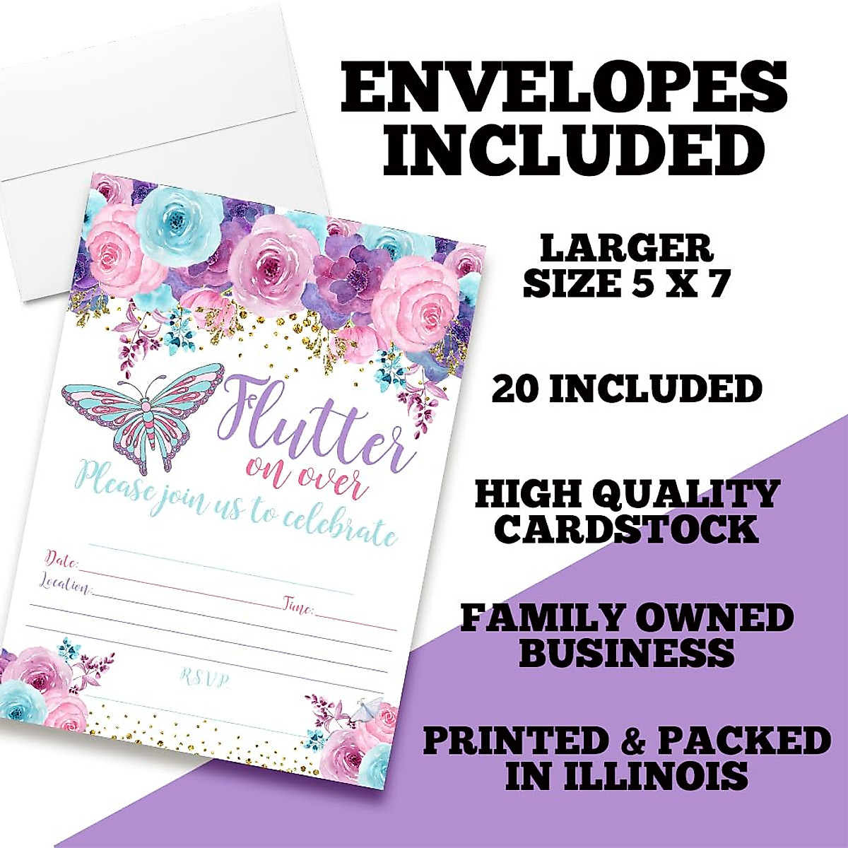 Amanda Creation Watercolor Floral Butterfly Birthday Party Fill In Style Invitations in pink, blue and purple. Set of 20 including envelopes