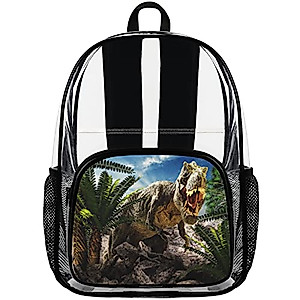 Dinosaur Pattern Clear Backpack, Dinosaur Tropical Plant Heavy Duty Transparent Clear Bag Computer Daypack for School, Security, Work, Sports, Stadium, Travel, College