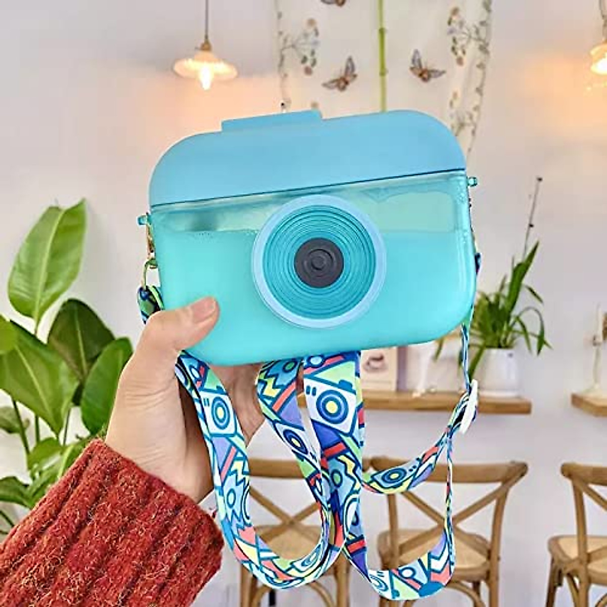 ORIJOYNA 13 oz Cute Water Bottle with Straw - Camera Shape Water Cup with Adjustable Shoulder Straps - Ideal Kawaii Gift for School (Blue)