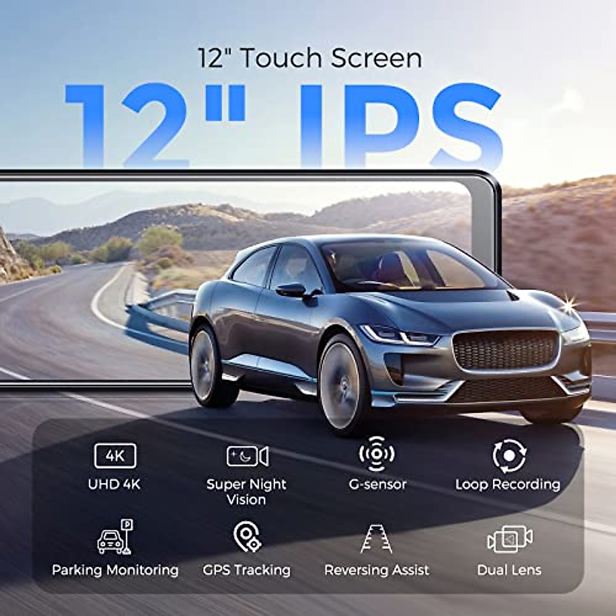 AZDOME 12" 4K Mirror Dash Cam, Split-Screen Display Rear View Mirror Camera, Waterproof Backup Camera, Dual Dash Camera for Cars, Night Vision, Parking Monitor, 64GB Card & GPS