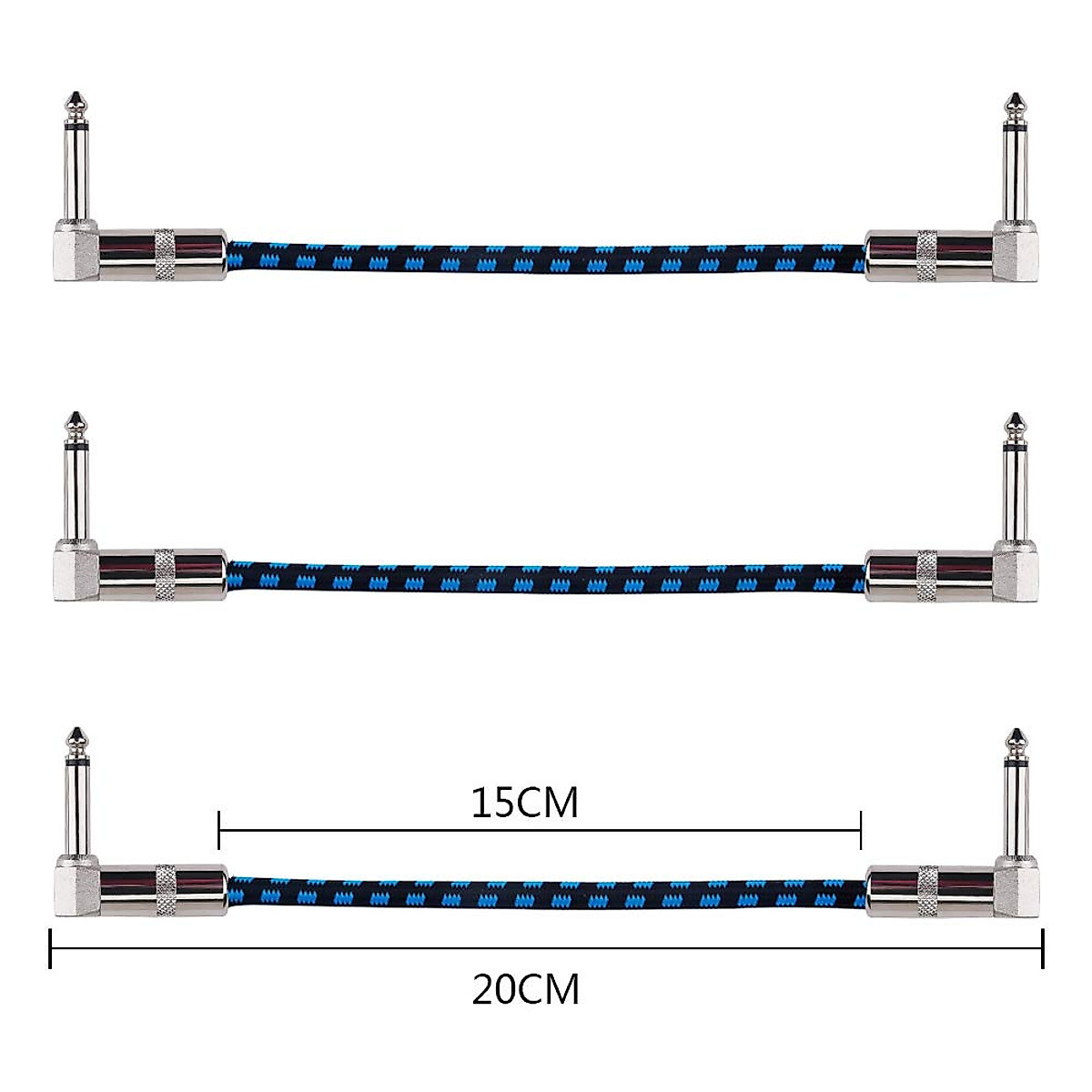 Rayzm Guitar Patch Cable - 6.35mm Noiseless 15cm Guitar/Bass Effects Pedalboard Patch Cable Cord, Right Angle Male TS Mono Instrument Cable for Guitar/Bass Effect Pedals (Pack of 3,Blue)