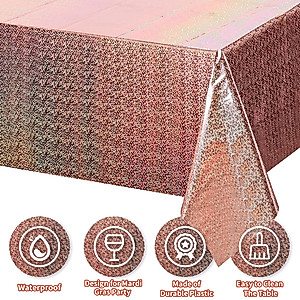 3PCS Iridescence Plastic Tablecloths Shiny Disposable Laser Rectangle Table Covers Holographic Foil Tablecloth Iridescent Party Decoration Birthday Bridal Wedding Christmas 54" x 108", Rose Gold