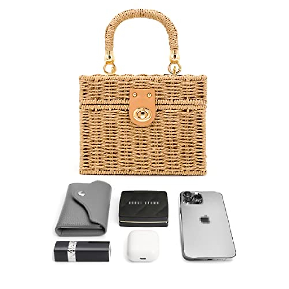 Handwoven Rattan Bag for women-Wicker Woven Square Crossbody vintage Chic Casual Beach Boho Tote Bag Straw Bag（no pendant）