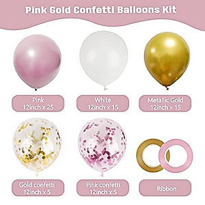 RUBFAC 65pcs 12 inch Pink Gold Confetti Balloons Kit, Pink White Gold Party Balloons with Ribbons for Birthday, Wedding, Baby Shower, Graduation Decorations