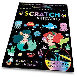 Mocossmy Mermaid Magic Scratch Art for Kids,9 Sheets Double Sided Mermaid Ocean Theme Rainbow Scratch Paper Scratch Art Crafts & Scratch Sticks for Kids Boys Girls Birthday Party Favor Supplies Games