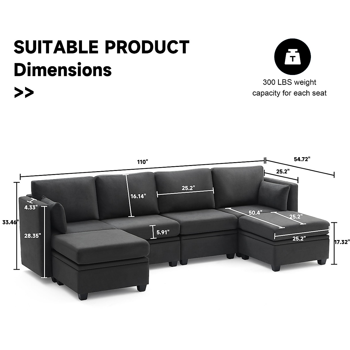 WETRUE Modular Sectional Sofa, Convertible U Shaped Sofa Couch with Storage, High Supportive & Soft Sponges, 6 Seat Modular Sectionals Sofa Couch with Chaise for Living Room, Dark Grey
