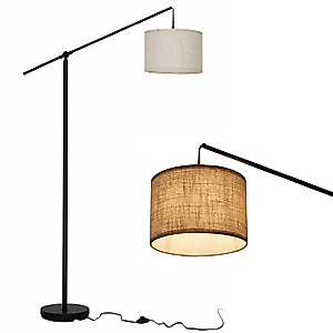 SURAIELEC Arc Floor Lamp, Overhang Cantilever Standing Floor Lamp for Couch, Sofa, Reading, Living Room, Bedroom, Adjustable Balance Arm, Natural Linen Drum Shade, Matt Black Metal Pole, Foot Switch