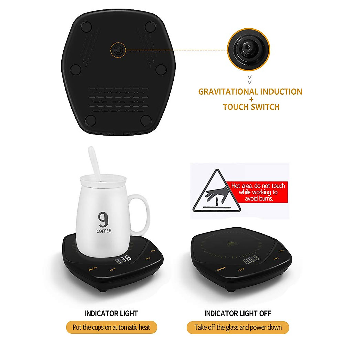 Mug Warmer, 25W Quickly Heating Coffee Warmer with Temperature 131°F/149°F/167°F Cup Warmer for Office Desk 4 Hours Auto Off for Cocoa Tea Water Milk Beverage(Gravity & Touch Switch)