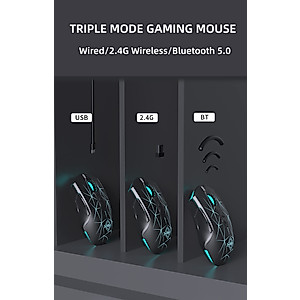 AJ52PRO Watcher 2.4G Wireless/ Bluetooth 5.0/ Wired Gaming Mouse, 10000 DPI, Programmable 7 Buttons, Ergonomic LED Backlit USB Gamer Mice Computer Laptop PC, for Windows Mac Linux OS, Star Black