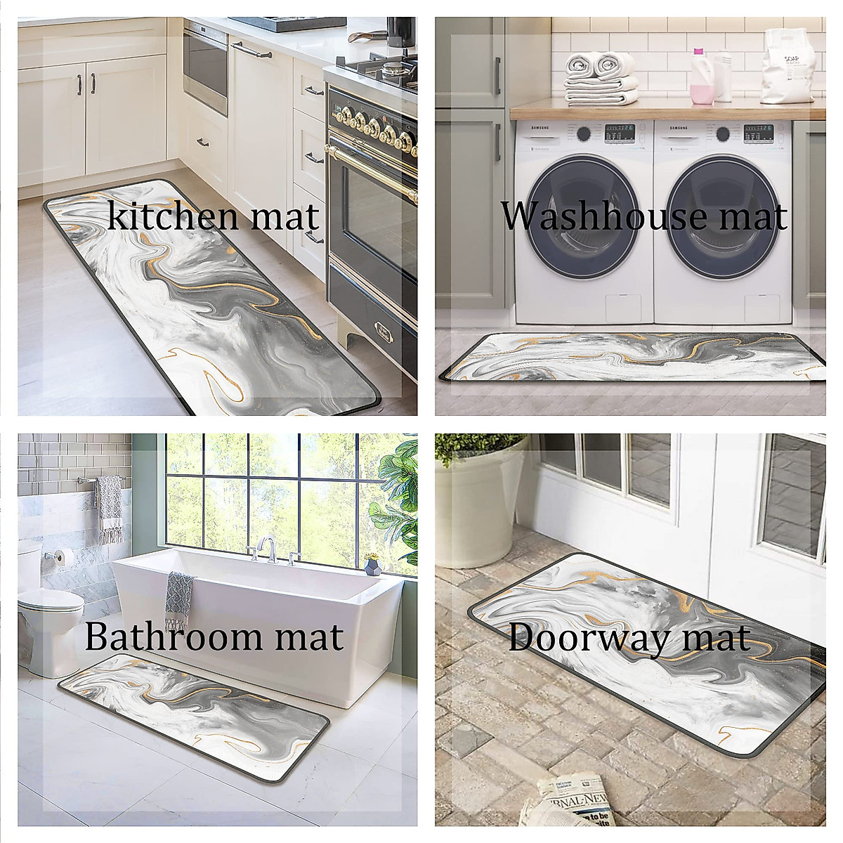 White Marble Kitchen Rugs and Mats Non Skid Washable Absorbent Stain Resistant,Durable and Easy to Clean,Kitchen Rug Set of 2 Marble Kitchen Deco 17"x47"+17"x30"