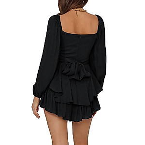 LYANER Women's Jumpsuit Lantern Long Sleeve Ruffle Layer Tie Mini Short Romper Solid Black Small
