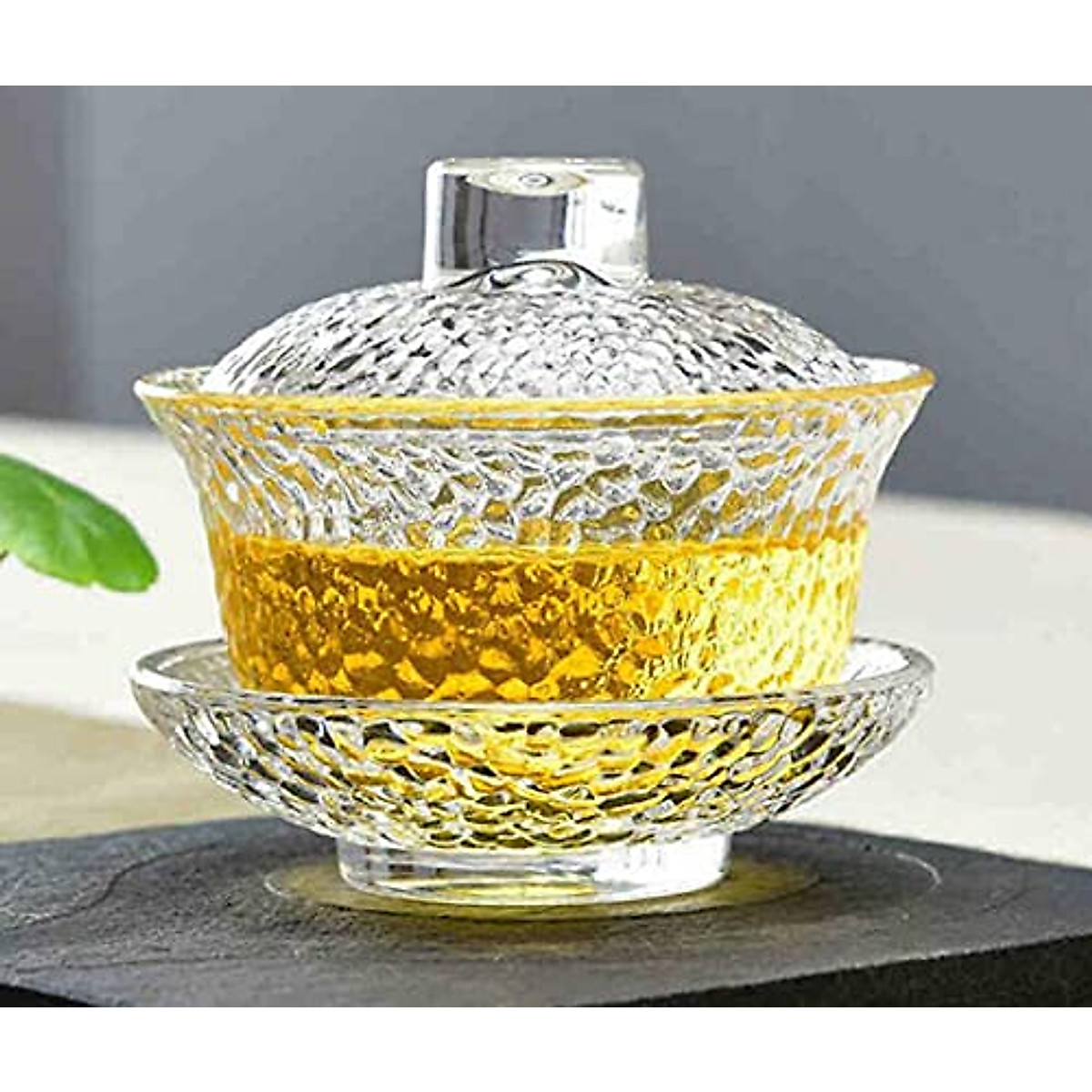 YBK Tech Crystal Gaiwan, Glass Kung Fu Tea Cup with Saucer and Lid, Chinese Traditional, Sancai Tea Bowl (Clear cup)