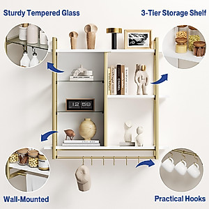 BELLEZE Gaming Floating Shelves, 40" LED Display Shelves Wall Mounted 4 Tier Storage Rack, Wooden Hanging Shelf with 6 Hooks, Wine Coffee Bar Rack for Kitchen Organization and Home Decor