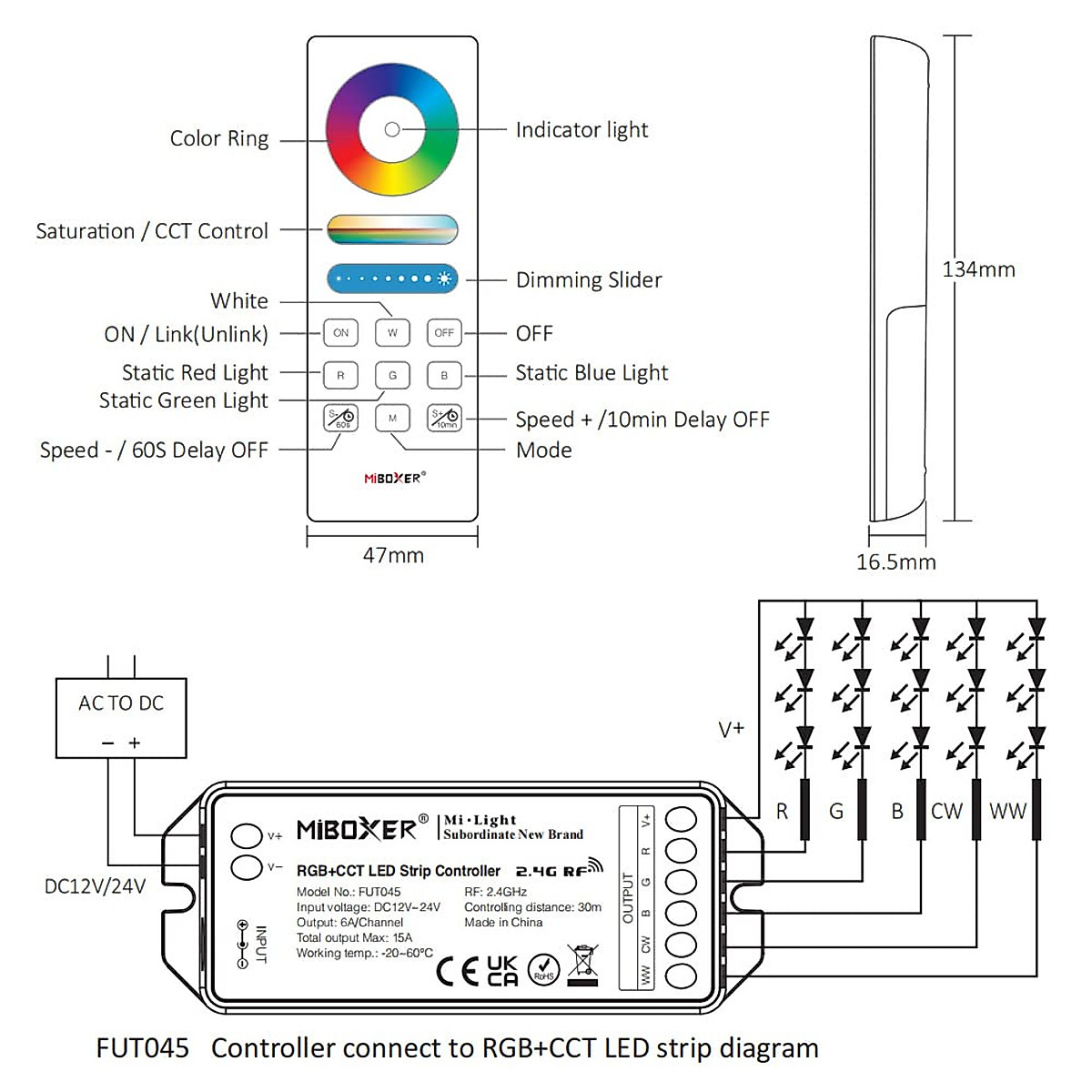 DC12-24V FUT043A+ Remote Control Indoor RGB CCT LED Controller Kit (5in1 Remote kit)