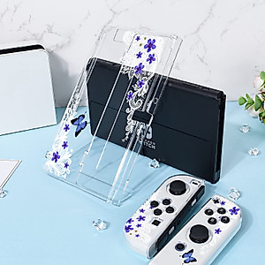 DLseego Purple Butterfly Flower Floral Switch OLED Case 2021 Version Anti-Scratch Dockable Console Clear PC Hard Shell Soft TPU Shock-Absorption Joy Con Cover Romantic Design for Switch OLED Model