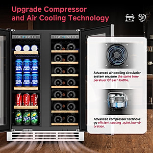 Icyglee 24" Wine and Beverage Refrigerator, Dual Zone Wine Cooler with Glass Door, Hold 88 Cans & 21 Bottles, Built in or Freestanding Under Counter Wine Fridge with Blue LED Light.