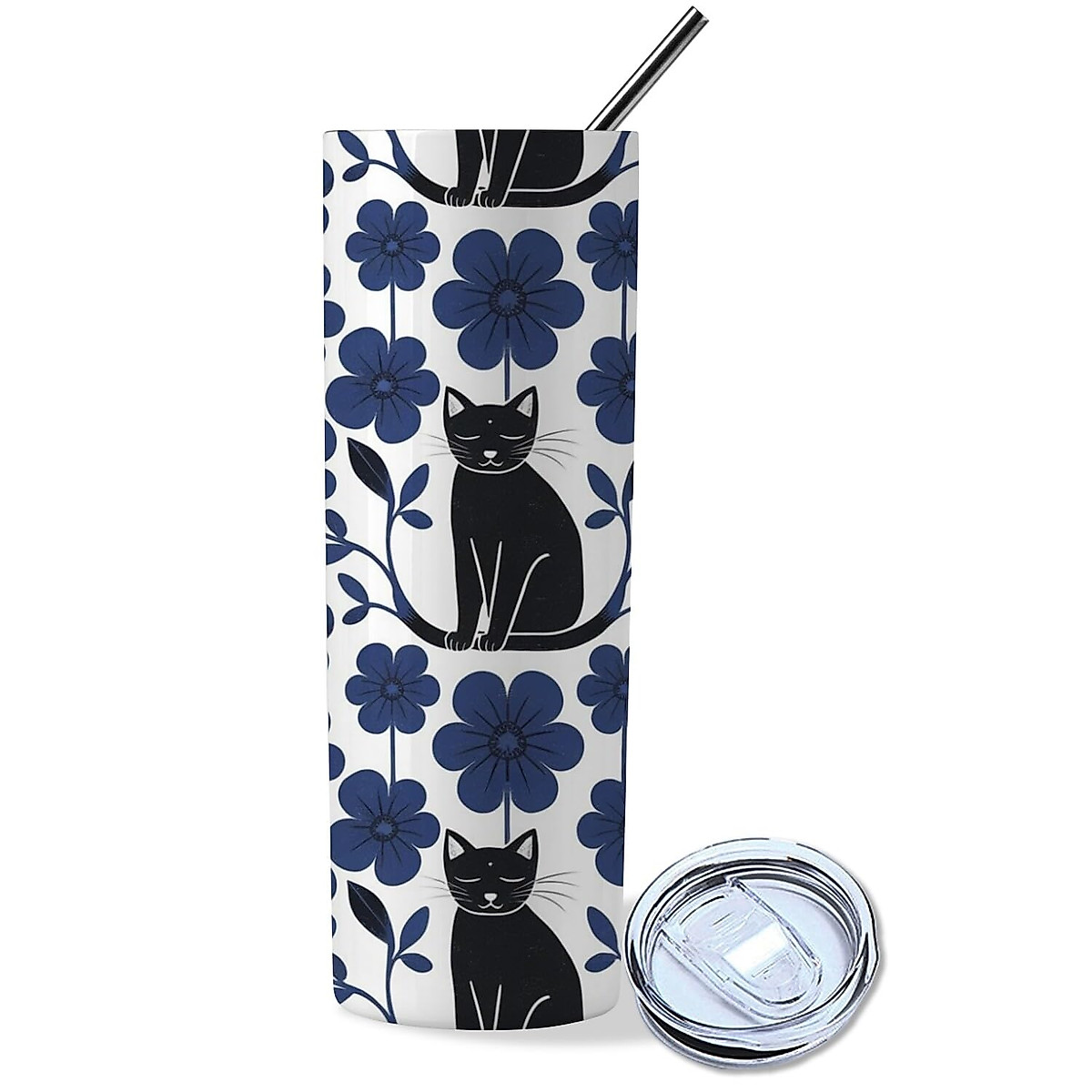 Medpol Cat and floral print tumbler with lid and straw 20 oz insulated tumbler cups Cat and floral print insulated travel coffee mugs for women cute sippy cups stainless insulated travel cups