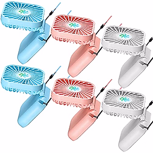 6 Pack Necklace Fans Portable Neck Hanging Fan Mini Fan Handheld Hand Held Fan for Cooling Small Personal Hands Free Fan USB Rechargeable Battery 3 Speed Air Circulatory Fan (Blue, Pink, White)