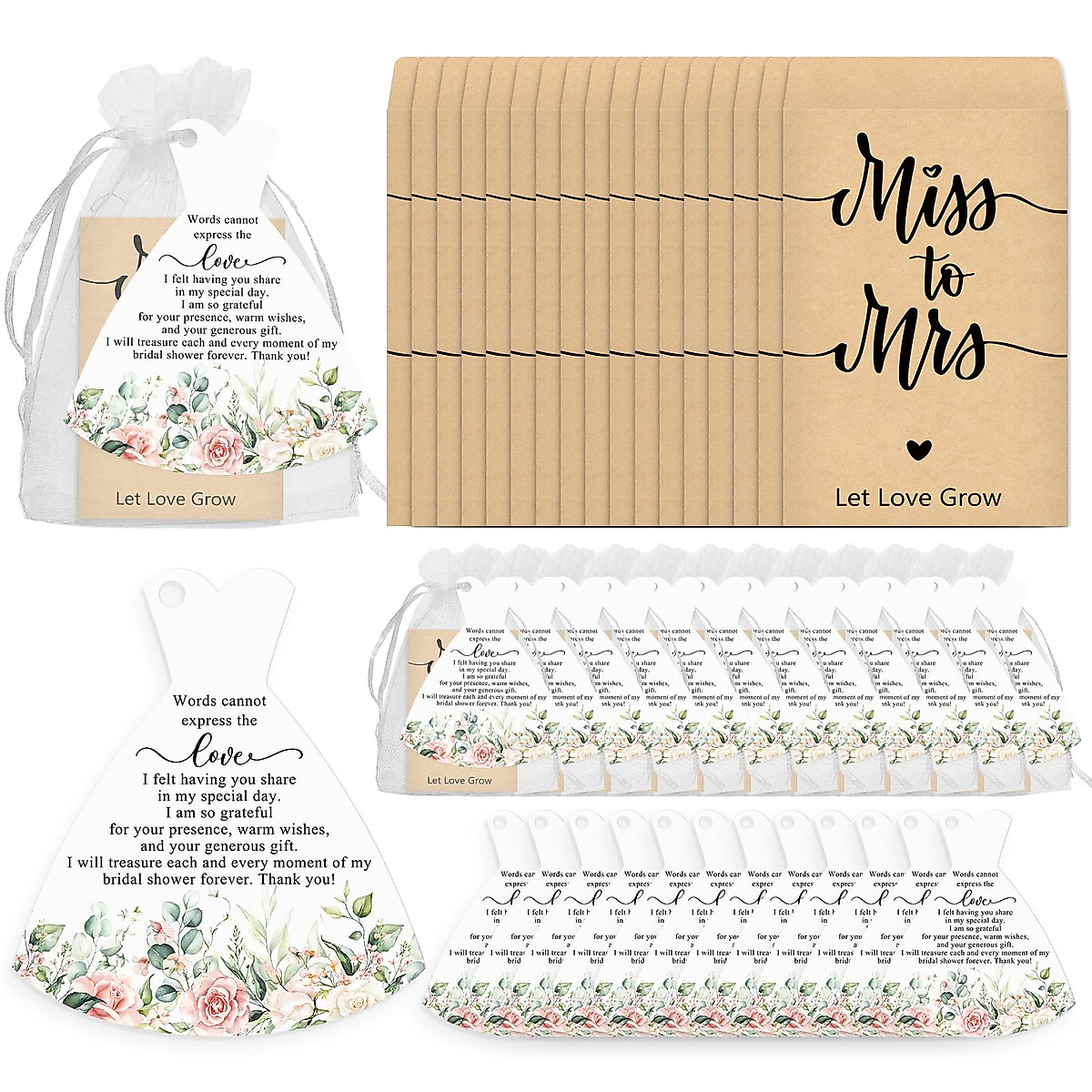 ReliThick 50 Sets Bridal Shower Party Favors for Guests Include Let Love Grow Self Adhesive Seed Packets Seed Envelopes Thank You Cards Organza Bridal Shower Gift Bags for Wedding Souvenirs, No Seed