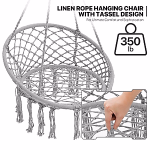 Monibloom Hanging Hammock Chair with Full Cushion, Adults Indoor Hammock Swing with Max 350 Lbs Capacity, Outdoor Macrame Hanging Chair with Boho Tassels, Home Accent Furniture Chair Swing, Grey